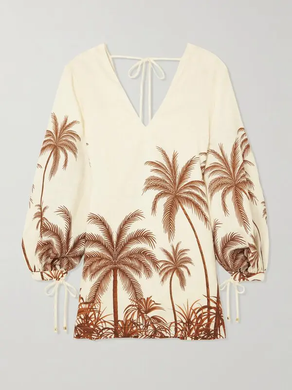 ANDRES OTALORA Y El Mar Printed Linen Mini Dress - Brown
