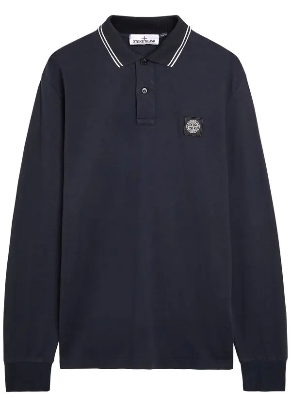 Stone Island Logo-appliquéd Piqué Stretch-cotton Polo Shirt - Navy