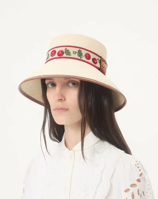Valentino Garavani Cherryfic Straw Bucket Hat - Natural/saddle Brown