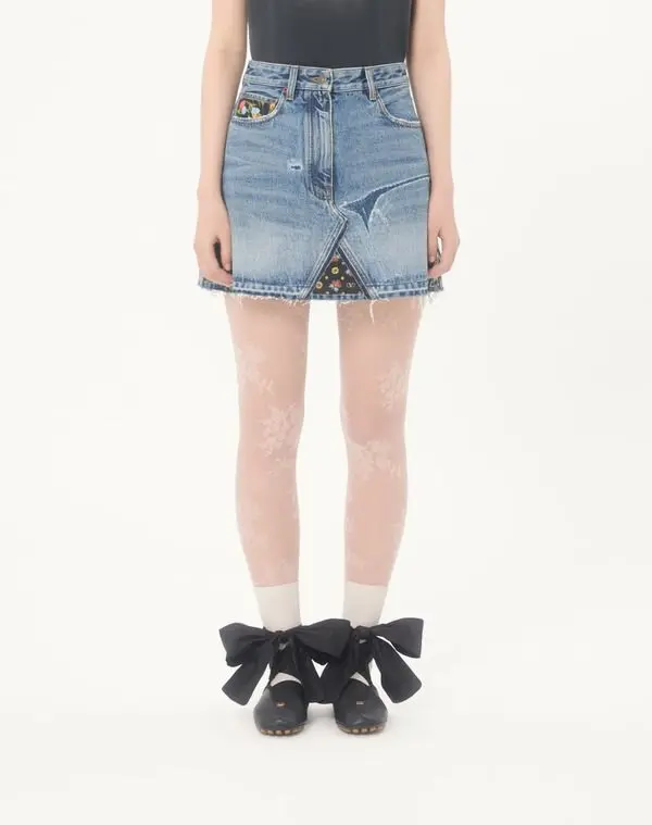 Valentino Garavani Embellished Denim Mini Skirt - Blue