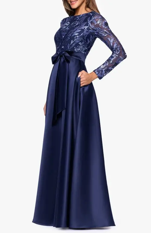 XSCAPE EVENINGS Embellished Bodice Long Sleeve Gown