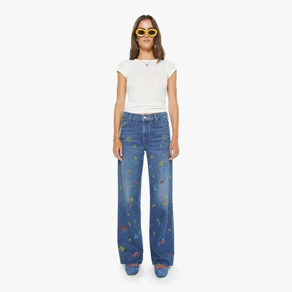 MOTHER The Rerun Zip Sneak "field Of Flowers" Wide Leg Jeans - Red