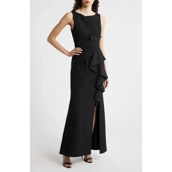 Eliza J Cascade Ruffle Sleeveless Gown - Black