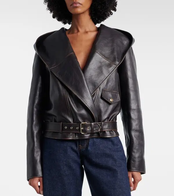 Alaïa Hooded Leather Biker Jacket - Brown