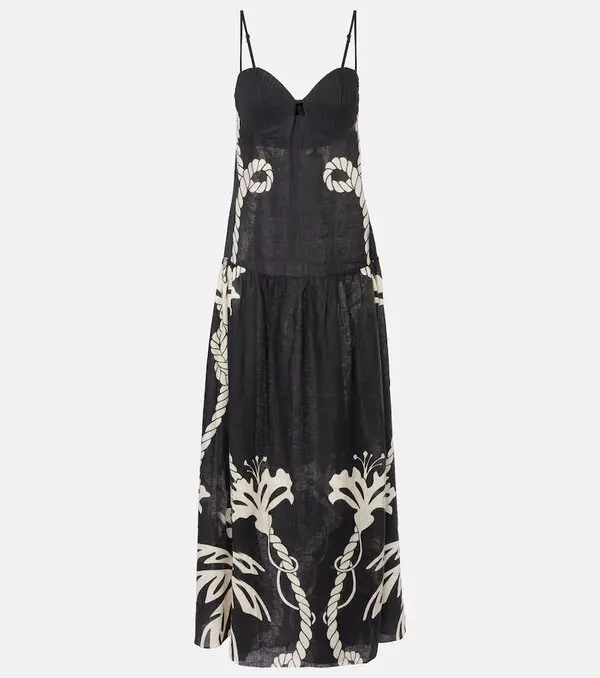 Johanna Ortiz Printed Linen Maxi Dress - Black