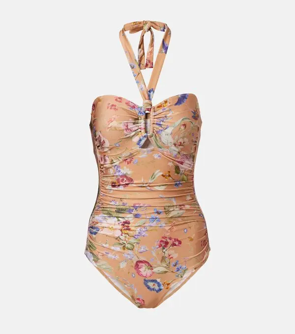 Zimmermann Patience Floral Halterneck Swimsuit - Beige