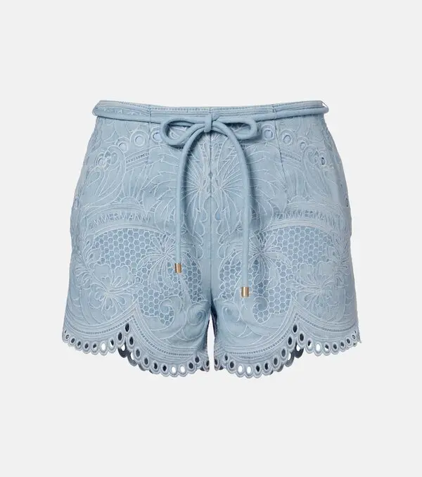 Zimmermann Daylight Floral Embroidered Cotton Shorts - Blue