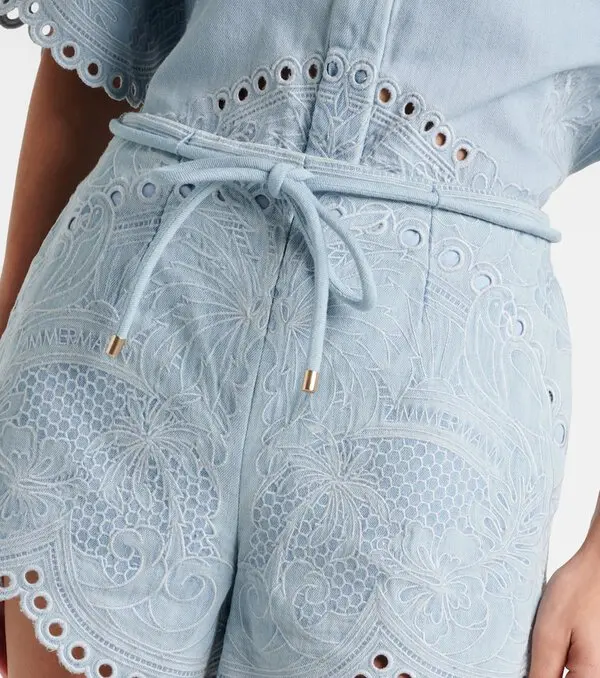 Zimmermann Daylight Floral Embroidered Cotton Shorts - Blue