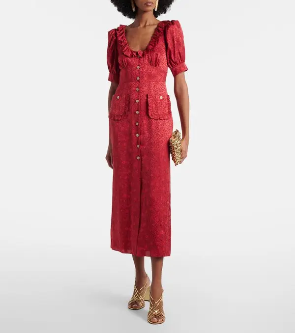 Alessandra Rich Leopard-print Silk Jacquard Midi Dress - Red