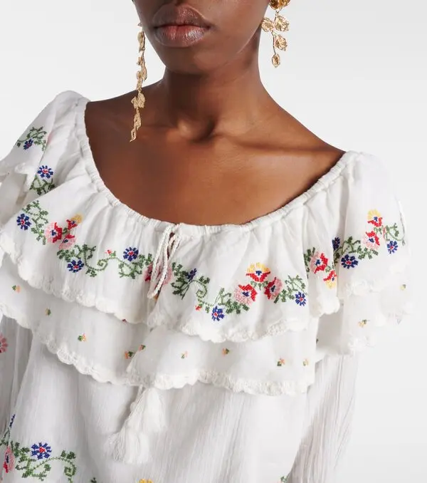 Rixo Embroidered Ruffled Cotton Top