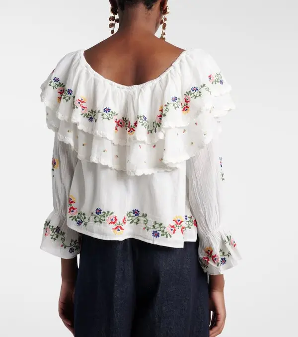 Rixo Embroidered Ruffled Cotton Top