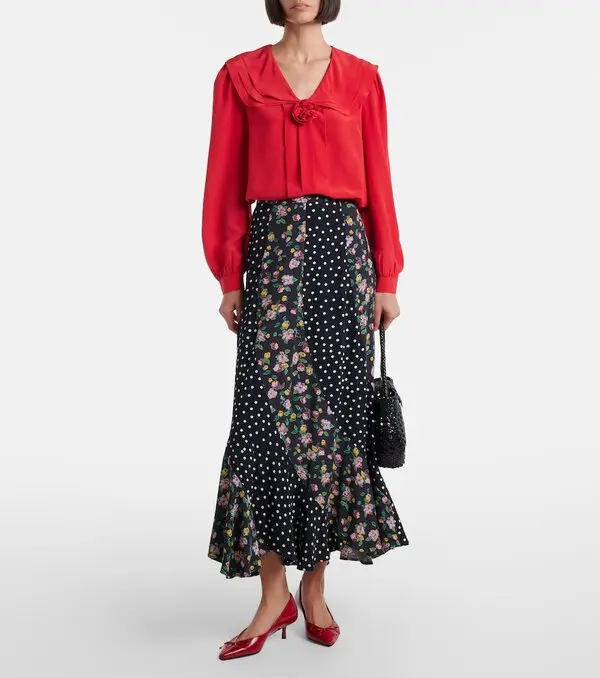 Rixo Emelin Floral-appliqué Silk Blouse - Red