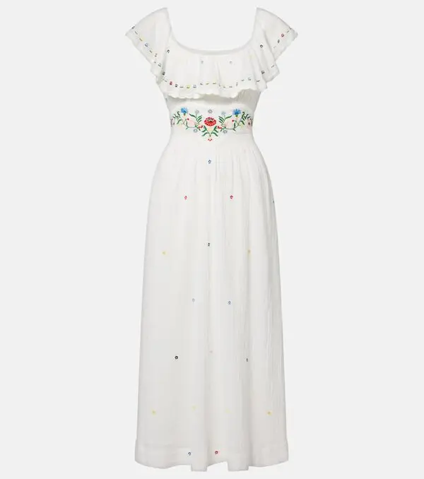 Rixo Ebony Embroidered Cotton Midi Dress