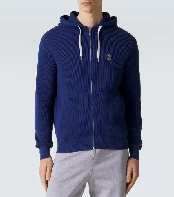 Brunello Cucinelli Logo Ribbed-knit Cotton Zip-up Hoodie - Blue