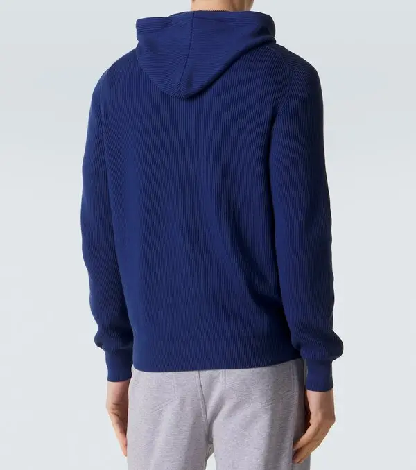 Brunello Cucinelli Logo Ribbed-knit Cotton Zip-up Hoodie - Blue