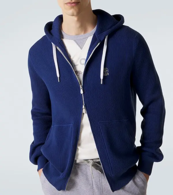Brunello Cucinelli Logo Ribbed-knit Cotton Zip-up Hoodie - Blue