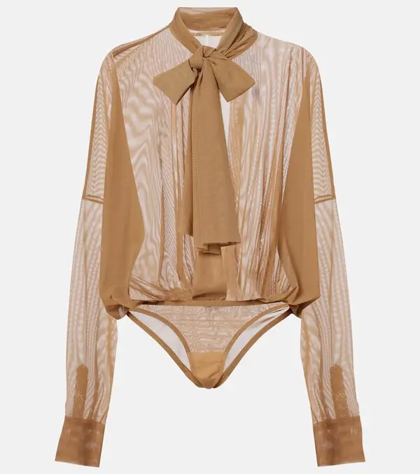 Norma Kamali Sheer Tie-neck Mesh Bodysuit