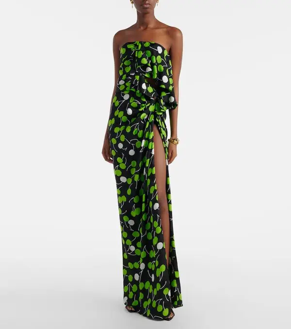 Saint Laurent Cutout Printed Gathered Silk Gown