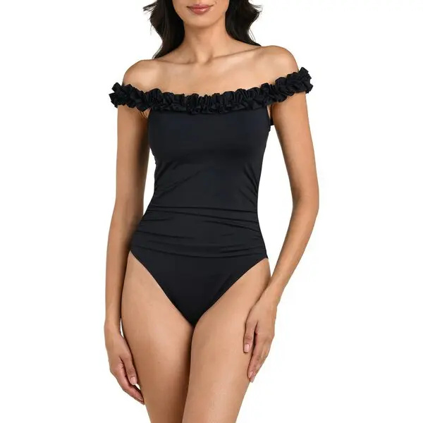 La Blanca Island Goddess Off-the-shoulder One-piece Swimsuit - Black