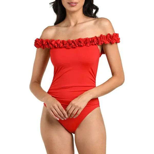 La Blanca Island Goddess Off-the-shoulder One-piece Swimsuit - Ruby