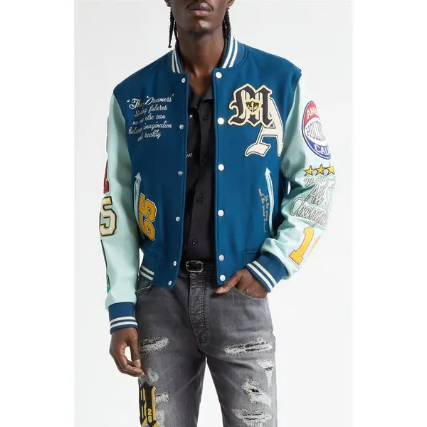 Amiri Varsity Patch Wool Blend & Leather Jacket - Blue