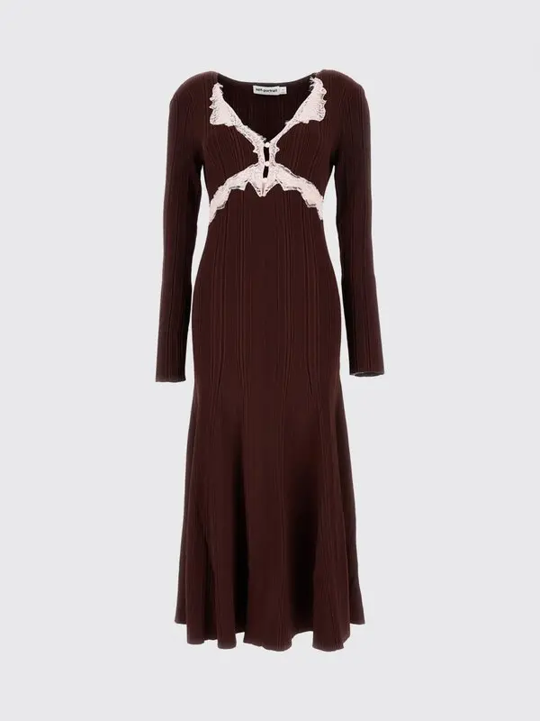 SELF-PORTRAIT Ribbed Knit Midi Dress With Lace Trim - Brown