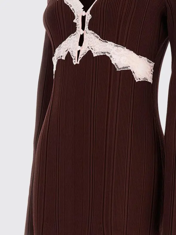 SELF-PORTRAIT Ribbed Knit Midi Dress With Lace Trim - Brown