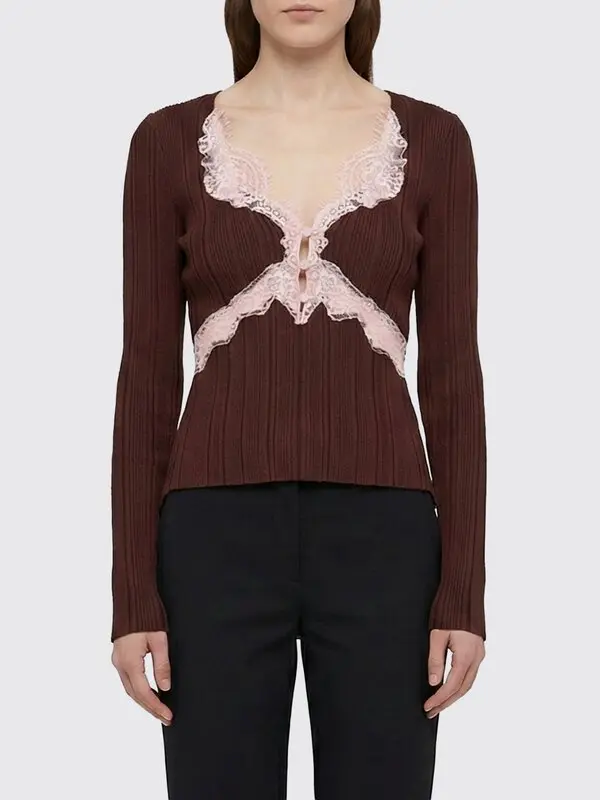 SELF-PORTRAIT Ribbed Knit Sweater With Lace Trim - Brown