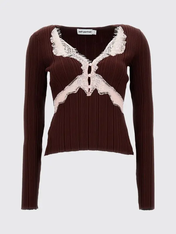 SELF-PORTRAIT Ribbed Knit Sweater With Lace Trim - Brown