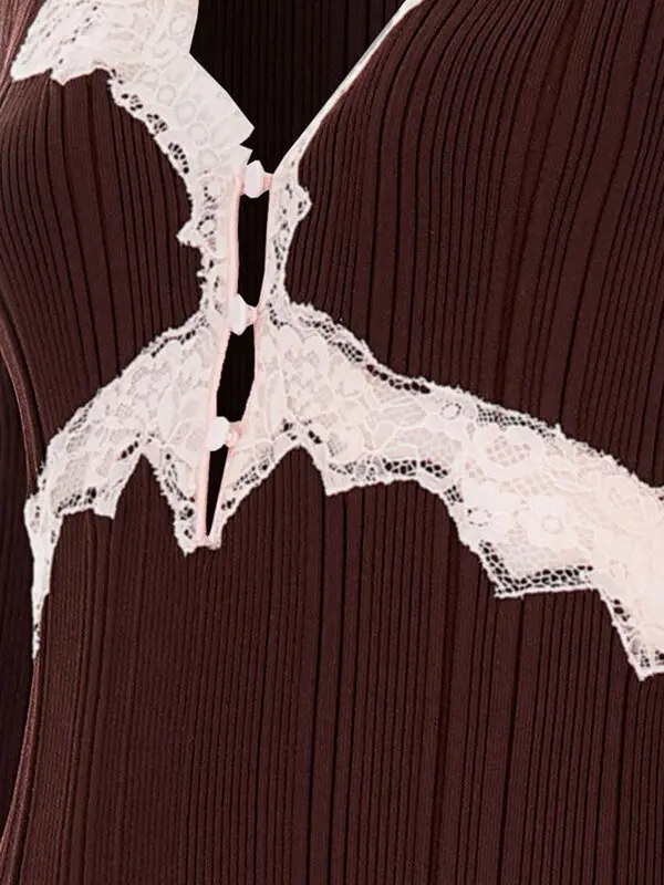 SELF-PORTRAIT Ribbed Knit Sweater With Lace Trim - Brown