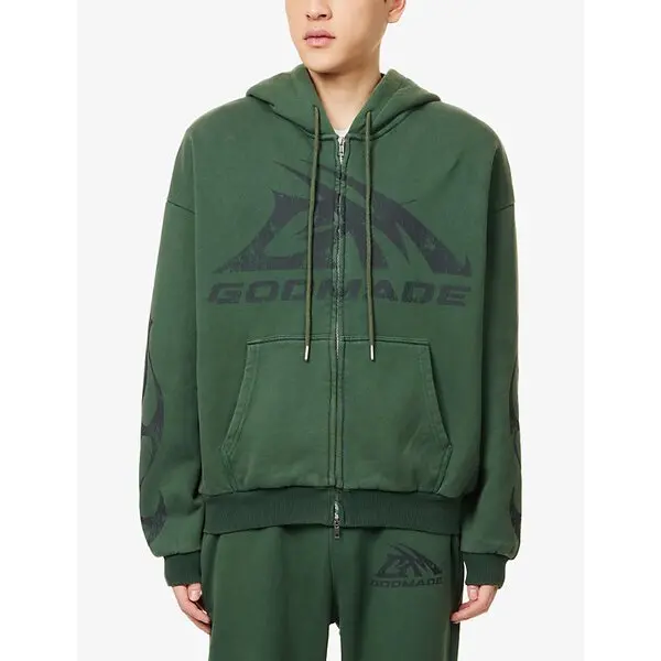 GODMADE Washed Cotton-jersey Hoodie With Monogram Print
