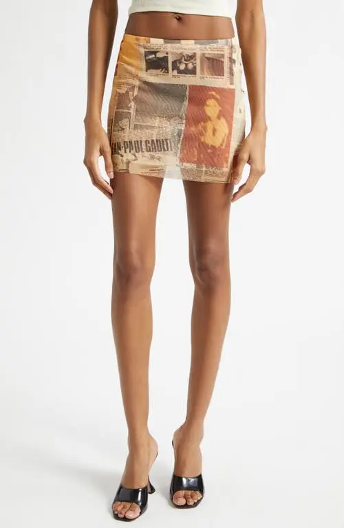Jean Paul Gaultier Newspaper Print Mesh Miniskirt - Ecru/light Grey/red