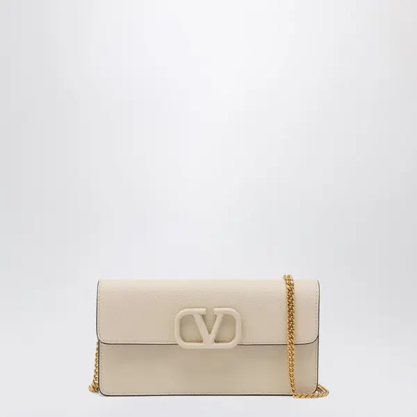 Valentino Garavani Vlogo Light Ivory Leather Chain Wallet - White