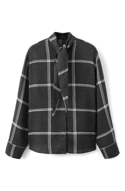 Mango Windowpane Plaid Button-up Shirt With Tie Neck