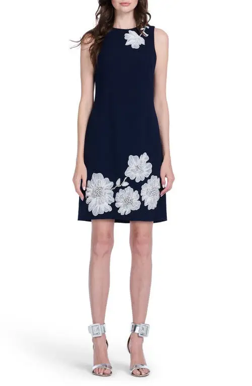 EMILY SHALANT Beaded Floral Appliqué Cocktail Sheath Dress - Black