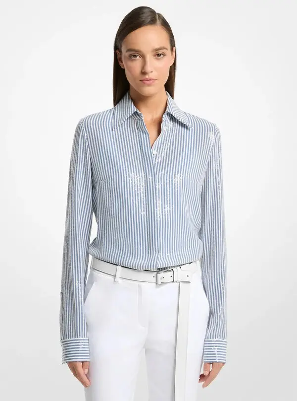 Michael Kors Hansen Sequined Striped Silk Crepe De Chine Shirt