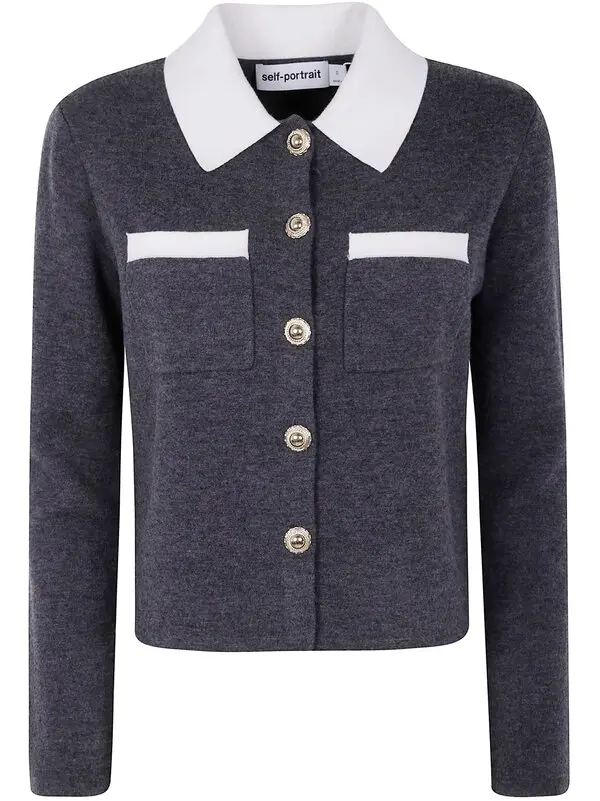 SELF-PORTRAIT Contrast Collar Cardigan - Gray