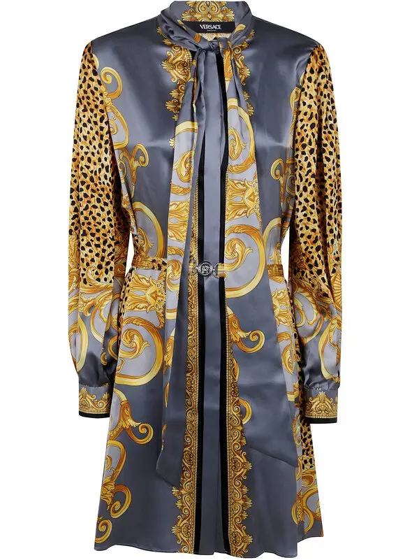 Versace Cheetah Foulard Silk Crepe Dress - Gray