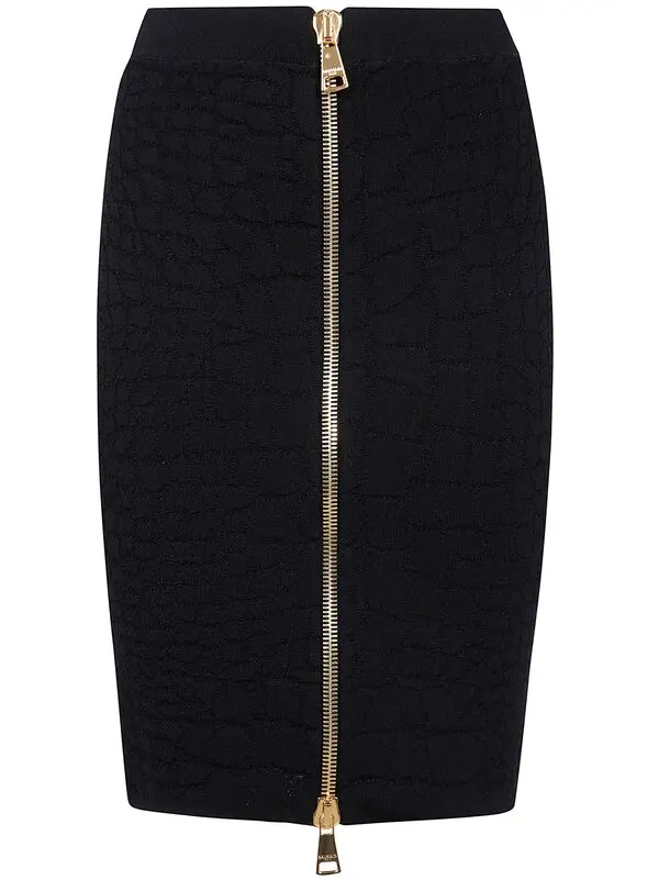 Balmain Zipped Croco Knit Knee Length Skirt - Black