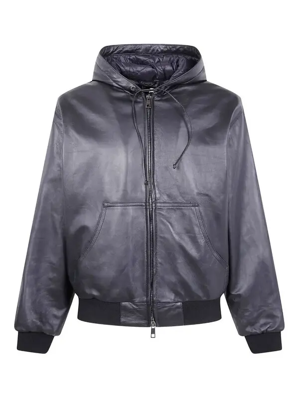 GIORGIO BRATO Nappa Leather Oversized Hooded Bomber Jacket - Black
