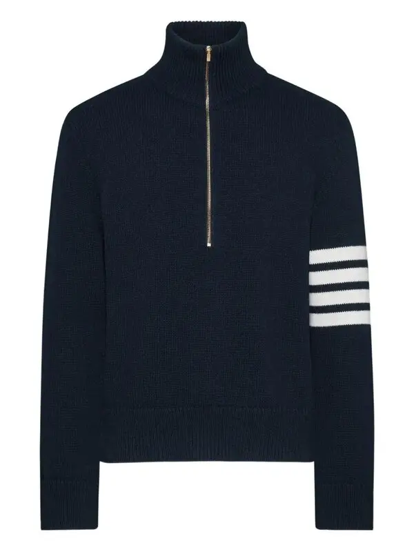 Thom Browne Jersey Stitch Funnel Neck Half Zip Pullover - Blue