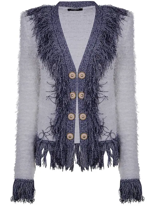 Balmain Collarless Glittered Fringed Tweed Jacket - White