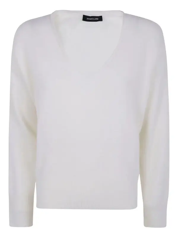 ANNECLAIRE Wool & Cashmere Stretch V-neck Top - White