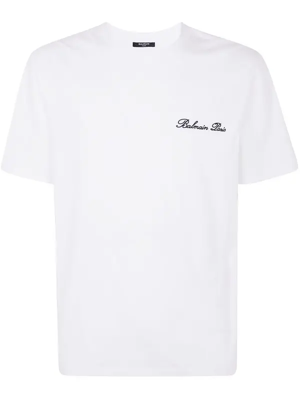 Balmain Signature Embroidered T Shirt Regular Fit - White