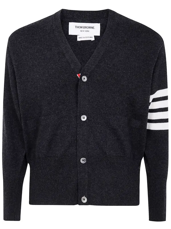 Thom Browne Classic Short V Neck Cardigan With 4-bar Stripe - Gray