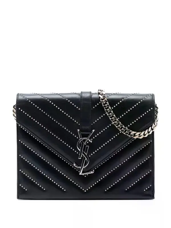 Saint Laurent 2014 Studded Chevron Calfskin Monogram Envelope Chain Crossbody Bag - Black