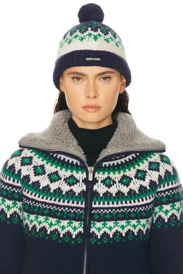 Miu Miu Wool Fairisle Beanie - Navy