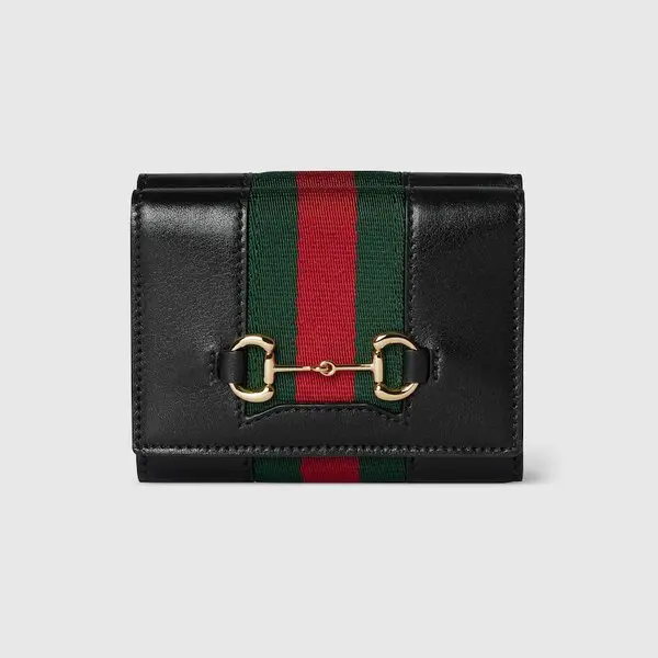 Gucci Horsebit Web Small Tri-fold Wallet Leather - Black