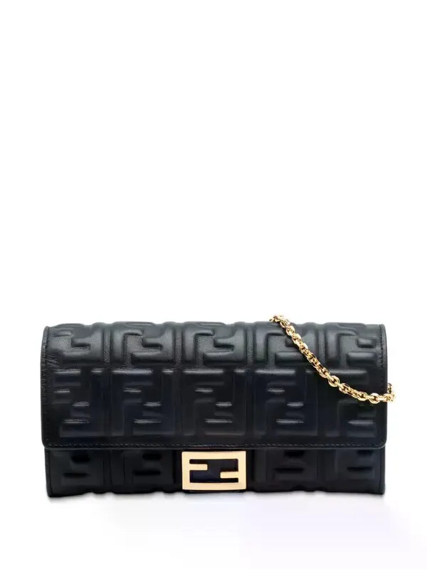 Fendi Zucca Embossed Nappa Baguette Continental Wallet With Chain Crossbody Bag - Black