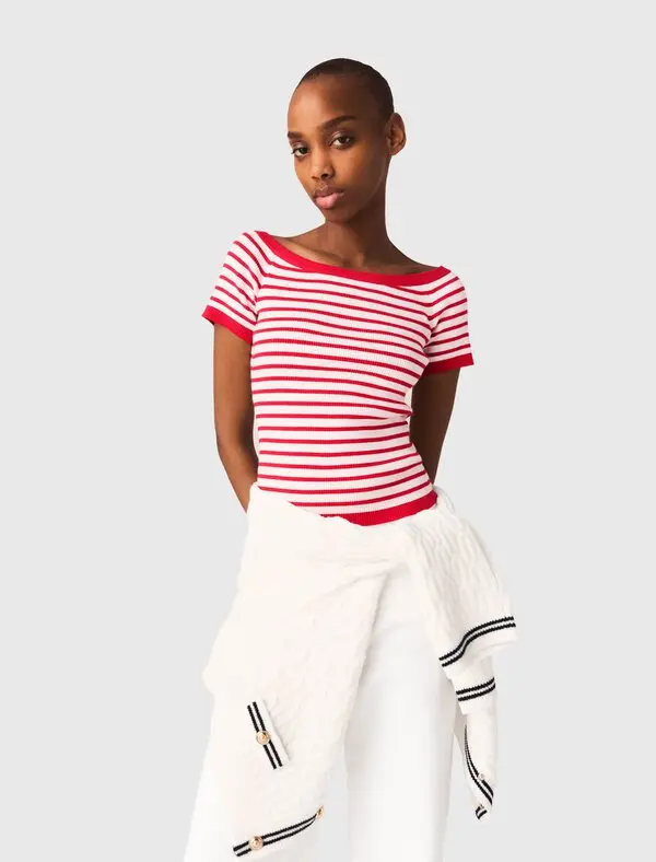 Maje Striped Rib Knit Top With Boat Neck